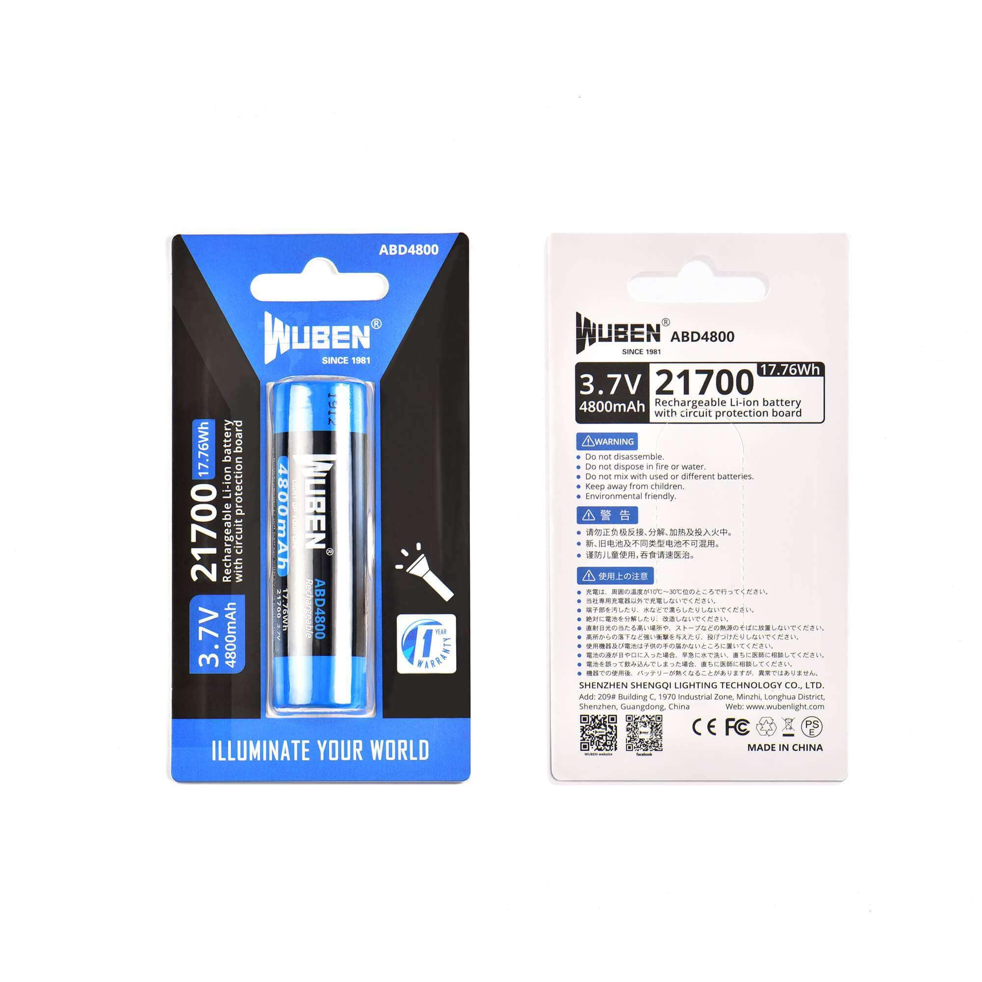 Wuben ABD4800 Rechargeable 21700 Flashlight Battery - 4800mAh